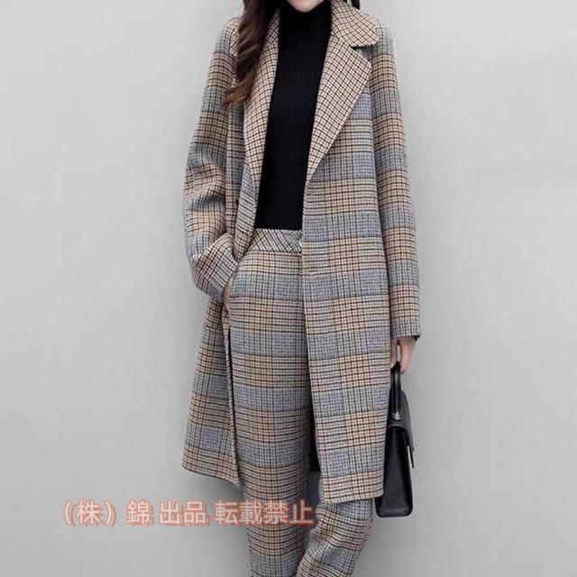 パンツセットアップチェスターコートテーパードパンツレディースアウターフェイクウール株式会社錦チェック柄成人式ビックシルエット秋冬ロングコート