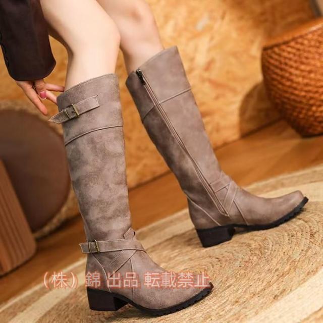 厚底 レディース ブーツ ロングブーツ 足が細く見える 履き口 ゆったり 筒周り ジョッキーブーツ レディース 幅広  錦甲高 歩きやすい ふくらはぎ ゆったり