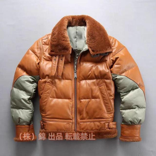 3XL★ライダースダウンレザージャケット★茶★ 上層羊皮 保温 防風 雨よけ 株式会社錦飛行服 ダウン