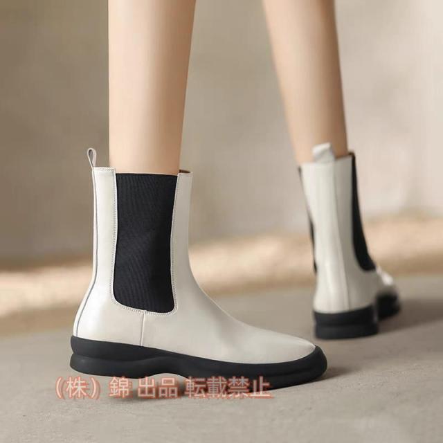 レディース ショートブーツ 本革 サイドゴアブーツ 牛革 ローヒール チェルシーブーツ 錦 厚底 身長アップ アンクルブーツ プラットフォーム レザー 4.5cm