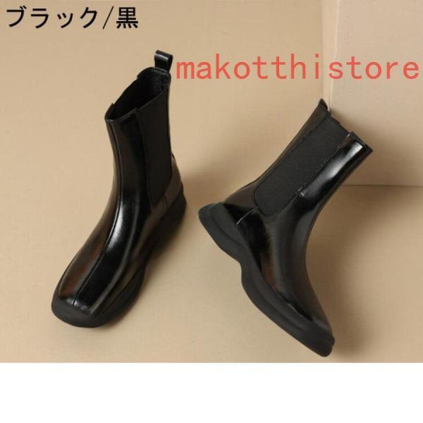 レディース ショートブーツ 本革 サイドゴアブーツ 牛革 ローヒール チェルシーブーツ 錦 厚底 身長アップ アンクルブーツ プラットフォーム レザー 4.5cm