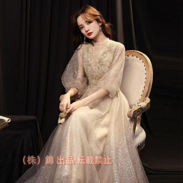 カラードレス ロングドレス コンサート コンクール ステージ衣装 演奏会 発表会 二次会  錦 披露宴 Aラインドレス パフスリーブ ピアノ発表会 ゴールド 袖付き