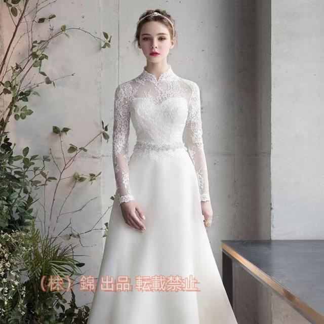 ウェディングドレス袖あり長袖ウェディングドレス大きいサイズ3L4L小さいサイズウェディングドレス二次会株式会社錦シンプル上品レース刺繍スタンドカラー