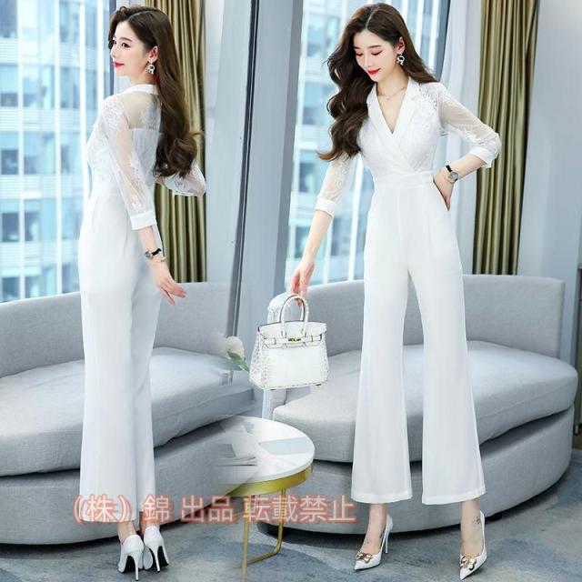 パンツドレスかっこいいパーティードレス結婚式お呼ばれドレスパンツオールインワンレディース株式会社錦大きいサイズ3L七分袖袖あり黒白レース袖シアー袖