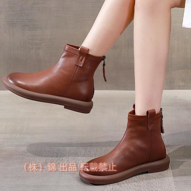 大きいサイズ レディース ショートブーツ 本革 柔らかい フラット ぺたんこ ヒール ファスナー付き おしゃれ カジュアル 黒 レザー 錦母の日プレゼント