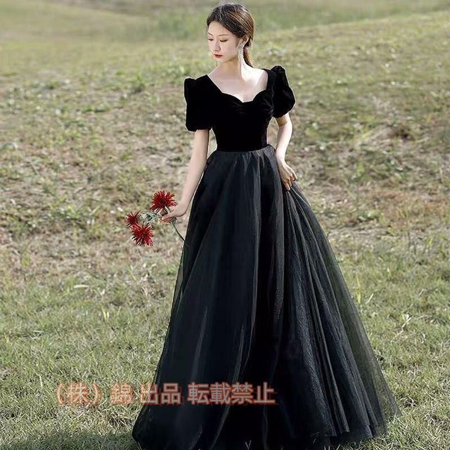 カラードレス カクテルドレス ロングドレス パーティードレス 発表会 演奏会 ステージドレス イブニングドレス 錦 大人 ブラック 黒 パフスリーブ フォーマル