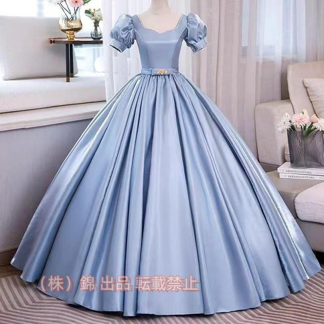 カラードレスプリンセスラインサテンパフスリーブブルー半袖ロングドレスウェディングドレス結婚式二次会花嫁前撮り株式会社錦演奏会発表会ステージ衣装