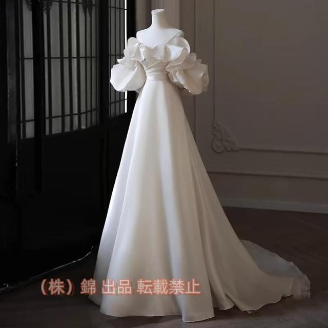 4wayウェディングドレスウエディングドレス付け袖二次会結婚式披露宴前撮り袖ありロングドレス花嫁Aラインドレス錦サテンビスチェオフショルダー