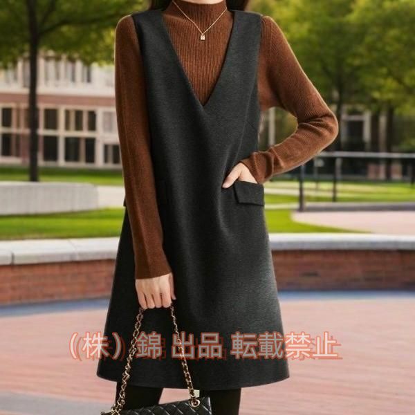 V襟ジャンバースカート　暖か　防寒　ひざ丈　ダブルポケット　ジャンパースカート　株式会社錦ほっそり効果お出かけ女子会20代30代40代50代60代