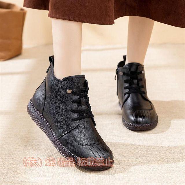 ショートブーツ 本革 厚底 フラット サイドジッパー 足に優しい ラウンドトゥ 柔らか 軽量 履きやすい 歩きやすい 幅広 株式会社錦レディース 楽チン ぺたんこ