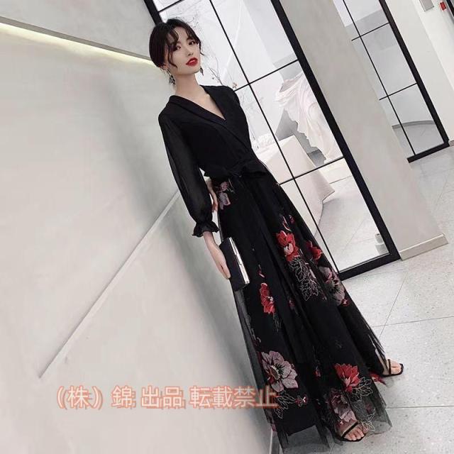 お呼ばれドレスパーティードレスイブニングドレスロングドレス20代30代40代袖あり大きいサイズお呼ばれ錦着痩せ花嫁発表会卒業会二次会フォーマル花柄