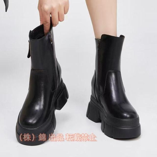 厚底 ショートブーツ レディース ヒール：10CMヒール 牛革 シークレットブーツ サイドジップ トラックブーツ株式会社錦 インヒール 秋冬 無地