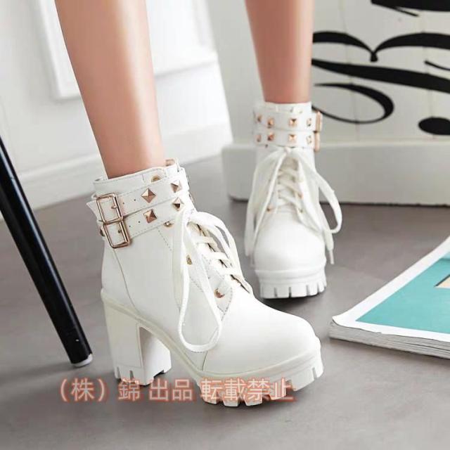 ショートブーツレディースコスプレシューズ黒白ダブルベルトショート丈レースアップブーツラウンドトゥベルト付き無地株式会社錦歩きやすい通勤通学