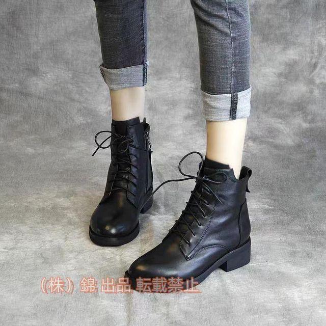 4cm厚底ショートブーツ太ヒール編み上げブーツサイドジップローヒール錦ブーティレースアッププラットフォーム歩きやすい軽い防滑黒厚底ブーツ袴