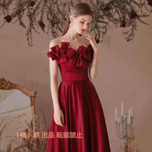 イブニングドレス ワイン赤 オフショルダー サテン ドレス 結婚式ドレス 二次会ドレス ゲストドレス 発表会ドレス 演奏会ドレス ロングドレス パーティードレス