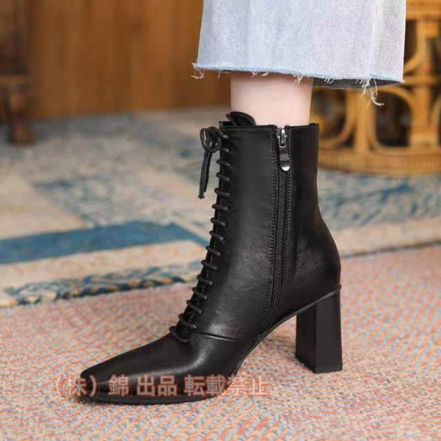 編み上げブーツレディース袴ブーツ太ヒールショートブーツサイドジッパー7cmヒールレディースブーツレースアップハイヒール株式会社錦美脚可愛い歩きやすい