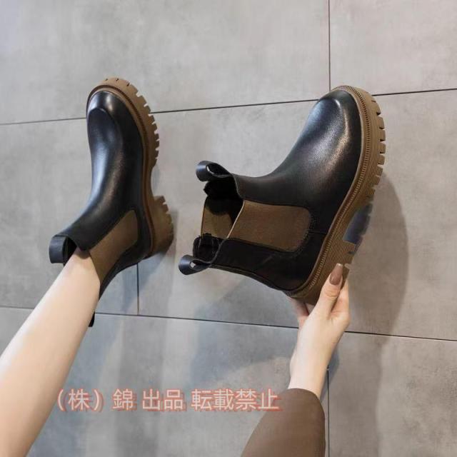 レディースショートブーツチェルシーブーツ本革秋冬靴サイドゴア厚底美脚カジュアル大きいサイズラウンドトゥ株式会社錦スムースストレッチブーツ裏起毛