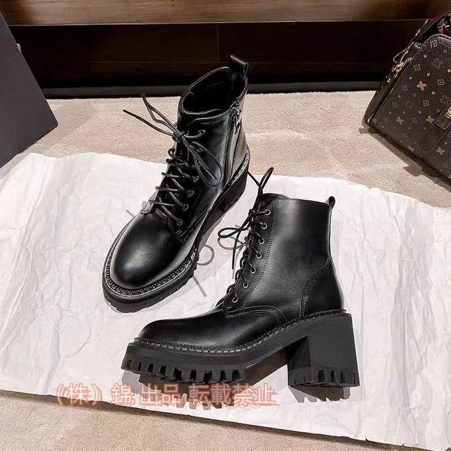 ブーツ ラウンドトゥ トラックソール レースアッ 厚底 編み上げ ワークブーツ レディース ショートブーツ ブラック 秋冬 株式会社錦クッション 軽量 軽い 低反発