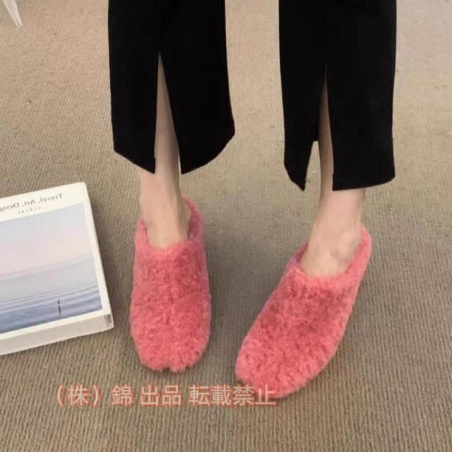 ファー付き ミュール サンダル レディース スリッパ つっかけ 丸ヒール かかとなし チャンキーヒール 5cm 株式会社錦バブーシュ 歩きやすい 滑りにくい もこもこ