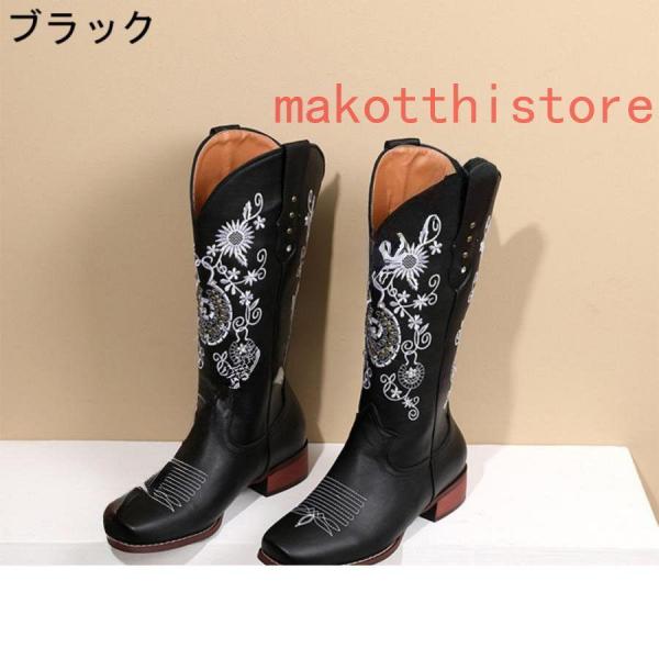 ウエスタンブーツレディース本革調ミドルブーツレディースブーツローヒール錦刺繍黒大きいサイズ25cm25.5cmミドルブーツステッチジョッキーブーツ ウエスタンブーツレディース本革調ミドルブーツレディースブーツ