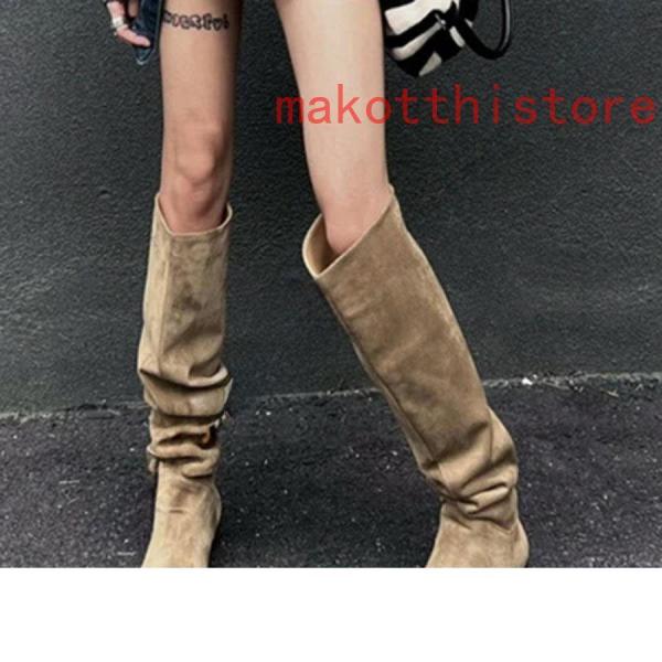 くしゅくしゅブーツレディースチャンキーヒールロングブーツカジュアルエンジニアライダースブーツローヒール株式会社錦高筒ブーツシンプルファッション防水 くしゅくしゅブーツレディースチャンキーヒールロングブーツカジュアル