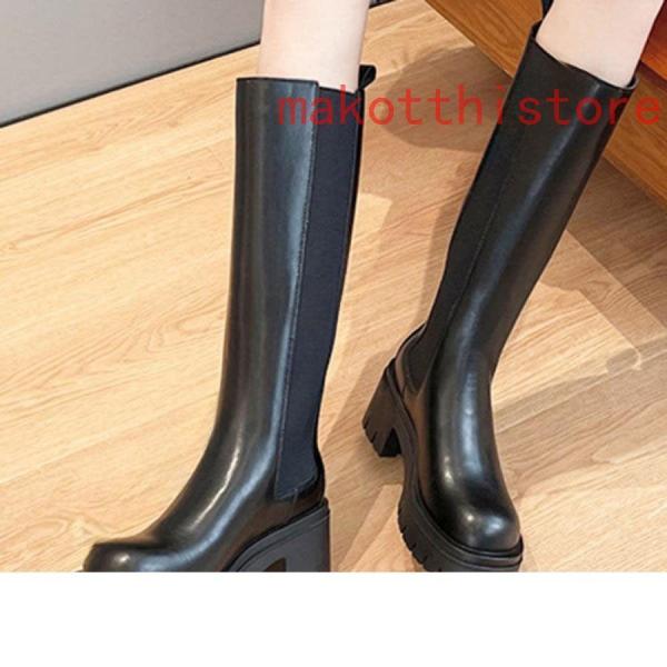 サイドゴアロングブーツロングブーツサイドゴア厚底ローヒールブーティ