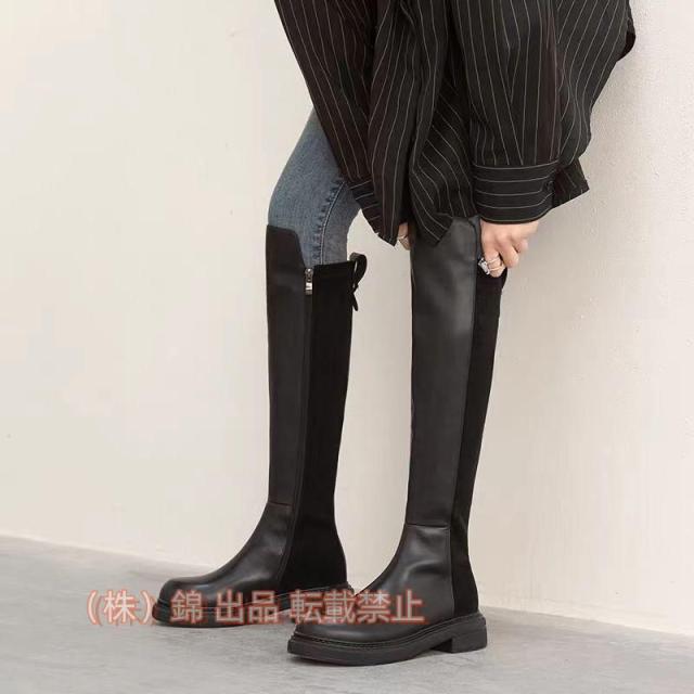 ロングブーツ厚底膝丈ジョッキーブーツレディース高筒靴長ブーツローヒール5cmレザー細身チャンキーヒール株式会社錦疲れないジッパーフィット春秋冬
