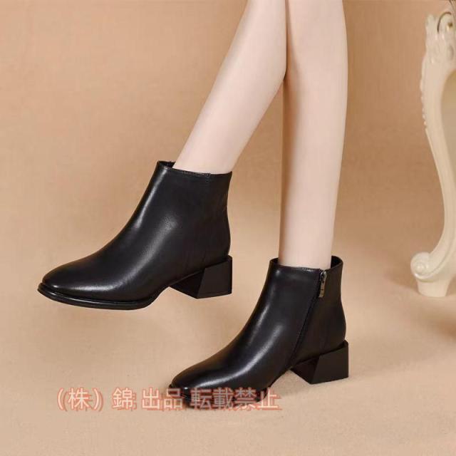 太ヒールショートブーツブーティーブーツアンクルブーツスクエアトゥ美脚3cmヒール脚長滑りにくいジッパー黒株式会社錦太ヒール履きやすいおしゃれ