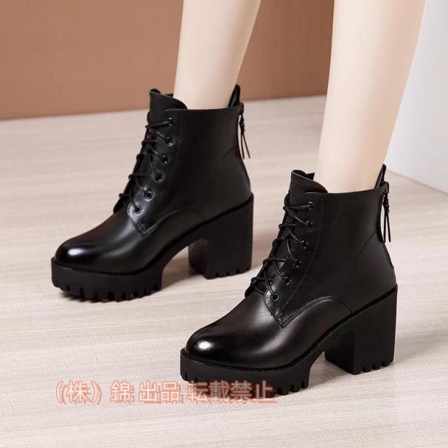 編みあげブーツミディアムブーツショートブーツ編み上げブーツ24.5cm25cm黒レースアップブーツスクエアトゥハイヒール株式会社錦歩きやすいレディース靴