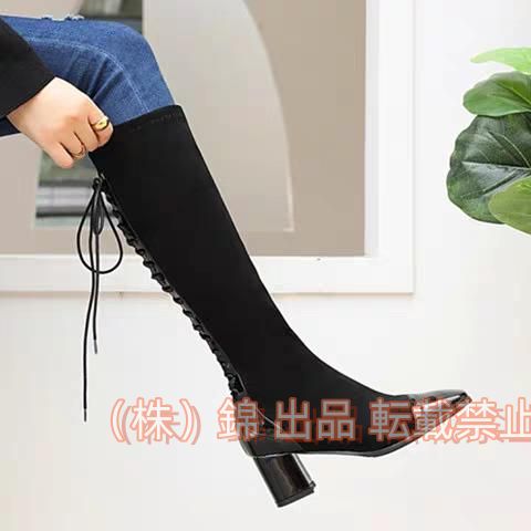 ブーツ チャンキーヒール スウェード 太ヒール ストレッチ ロングブーツ 6センチヒール 歩きやすい 履きやすい ブラック 錦ワインレッド 22.5 24.5 秋冬