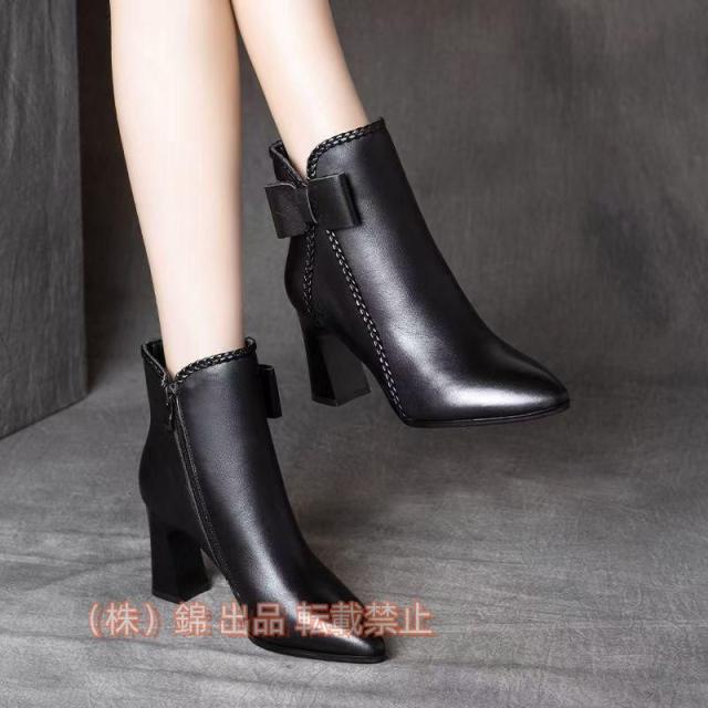 ブーティー レディース リボン ブーツ 美脚 8.5センチヒール カジュアル 歩きやすい ショートブーツ 株式会社錦厚底ブーツ 秋冬 太ヒール 型押し サイトジップ