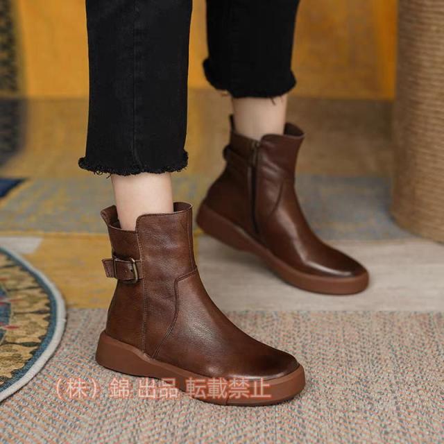 ブーツ ショートブーツ サイドジッパー ローヒール レディース 本革 錦 大きいサイズ 小さいサイズ アンクルブーツ 軽量 疲れにくい 滑り止め ぺたんこ 3cm