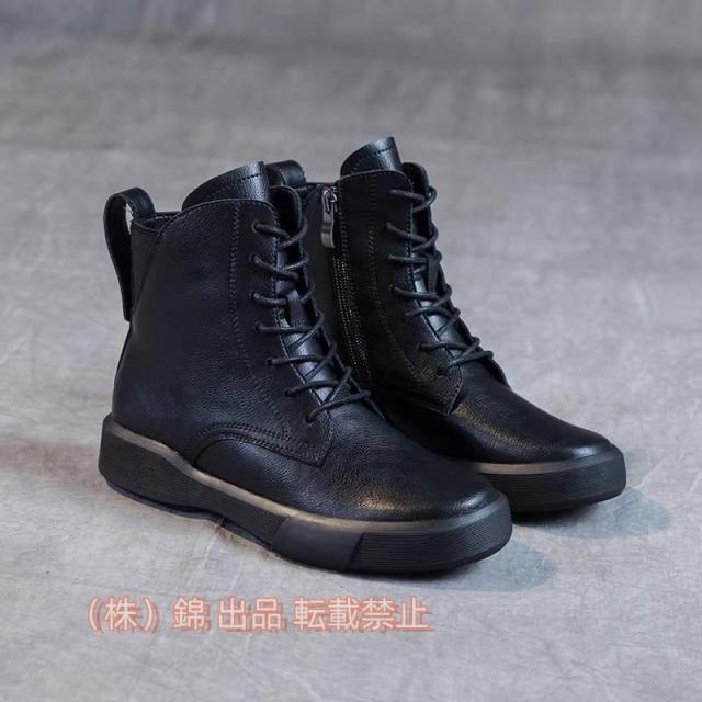 本革レースアップブーツ大きいサイズブーツ牛革レディース袴ブーツショートブーツミドルブーツフラット疲れないフラット錦サイドジップ紐靴厚底