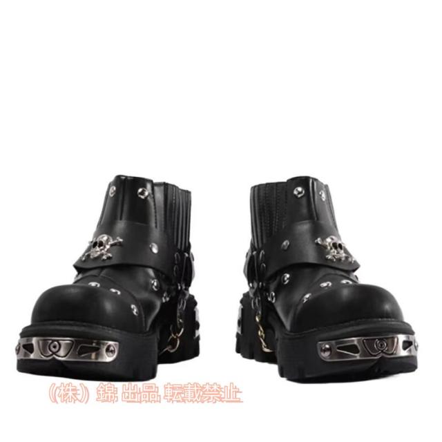 メンズ レザー ショートブーツ 大きいサイズ パンク風 厚底 髑髏 ロック ワークブーツ 株式会社錦牛革 春夏秋冬 ユニセックス サブカル ベルト