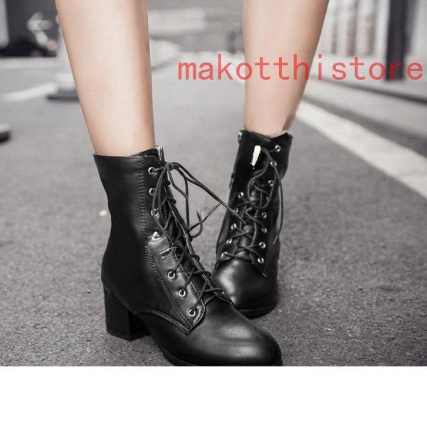 5.5cm 厚底 ショートブーツ 太ヒール 編み上げブーツ サイドジップ ハイヒール 錦 ブーティ レースアップ プラットフォーム 歩きやすい 軽い 防滑 黒 ひも