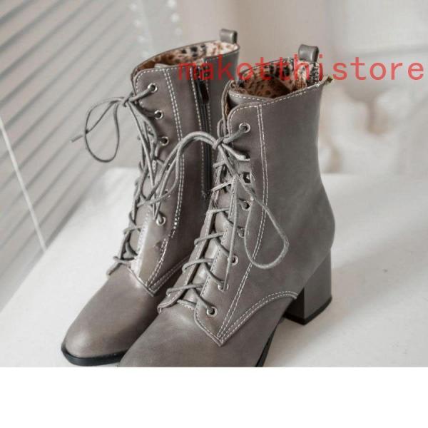 5.5cm 厚底 ショートブーツ 太ヒール 編み上げブーツ サイドジップ ハイヒール 錦 ブーティ レースアップ プラットフォーム 歩きやすい 軽い 防滑 黒 ひも