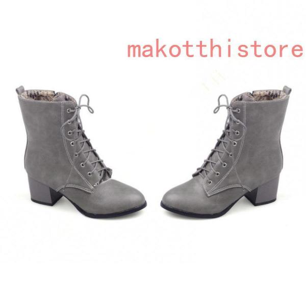 5.5cm 厚底 ショートブーツ 太ヒール 編み上げブーツ サイドジップ ハイヒール 錦 ブーティ レースアップ プラットフォーム 歩きやすい 軽い 防滑 黒 ひも