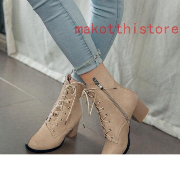 5.5cm 厚底 ショートブーツ 太ヒール 編み上げブーツ サイドジップ ハイヒール 錦 ブーティ レースアップ プラットフォーム 歩きやすい 軽い 防滑 黒 ひも