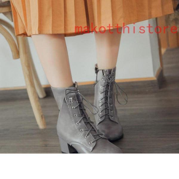 5.5cm 厚底 ショートブーツ 太ヒール 編み上げブーツ サイドジップ ハイヒール 錦 ブーティ レースアップ プラットフォーム 歩きやすい 軽い 防滑 黒 ひも