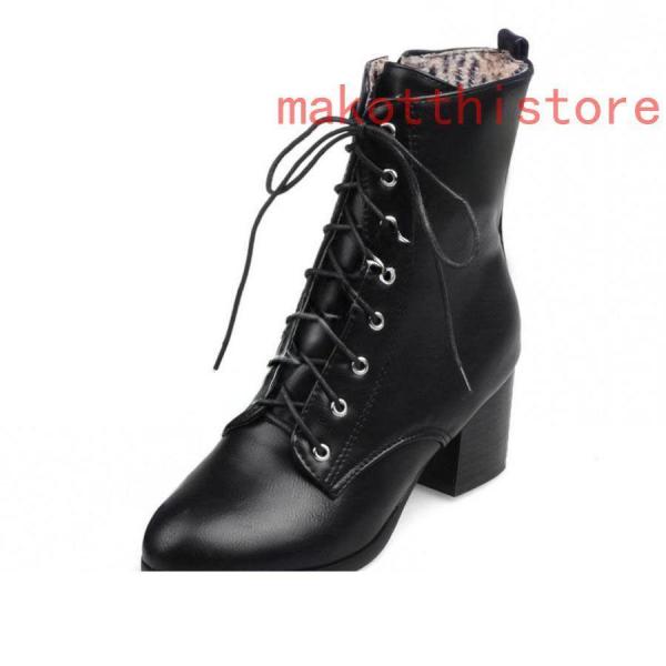 5.5cm 厚底 ショートブーツ 太ヒール 編み上げブーツ サイドジップ ハイヒール 錦 ブーティ レースアップ プラットフォーム 歩きやすい 軽い 防滑 黒 ひも