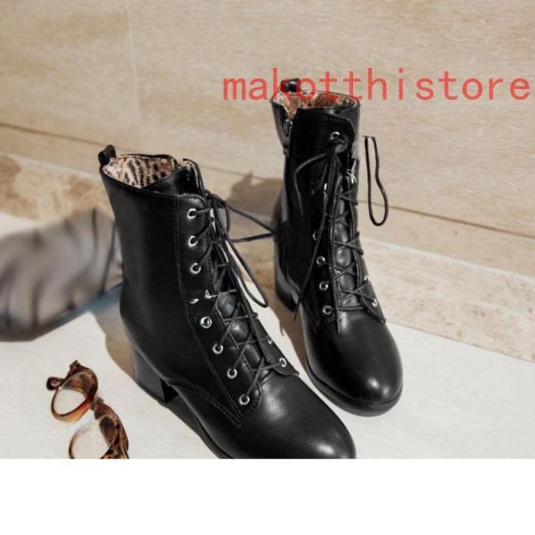 5.5cm 厚底 ショートブーツ 太ヒール 編み上げブーツ サイドジップ ハイヒール 錦 ブーティ レースアップ プラットフォーム 歩きやすい 軽い 防滑 黒 ひも
