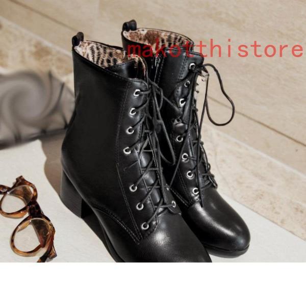 5.5cm 厚底 ショートブーツ 太ヒール 編み上げブーツ サイドジップ ハイヒール 錦 ブーティ レースアップ プラットフォーム 歩きやすい 軽い 防滑 黒 ひも