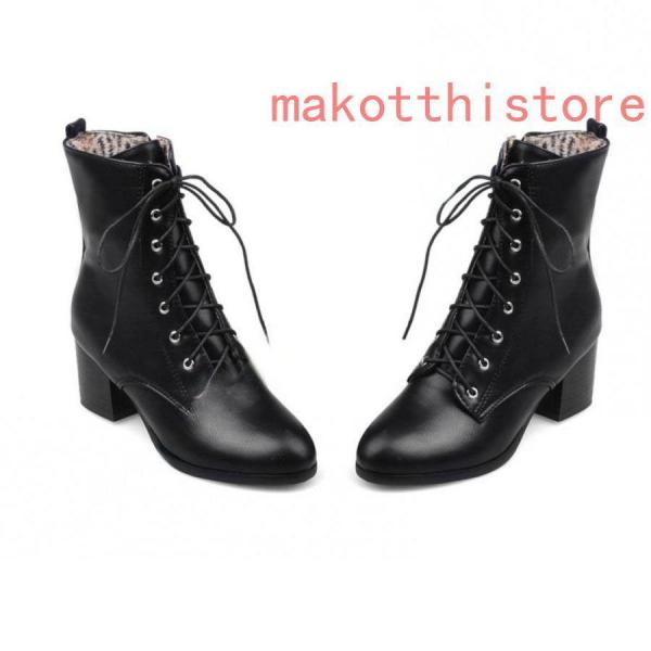 5.5cm 厚底 ショートブーツ 太ヒール 編み上げブーツ サイドジップ ハイヒール 錦 ブーティ レースアップ プラットフォーム 歩きやすい 軽い 防滑 黒 ひも