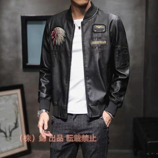 PUレザージャケット 革ジャンパー メンズ フライジャケット 裏ボア 厚手 防寒 防風 株式会社錦ライダースジャケット ジャンパー アメカジ 刺繍