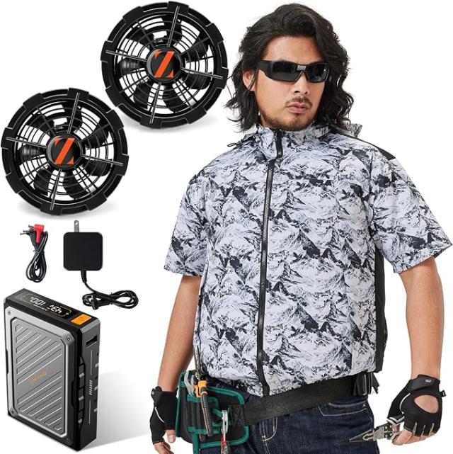 [Xinpeke] 空調作業服 半袖 【2025夏の超爆風 43V業界最強電圧】 ファン付き作業着 ファン＆バッテリーセット EVE製高性能21700型電池/日本製ブラシレスモーター 6段階風速 急速充電 遮熱性 男女兼用 猛暑対策