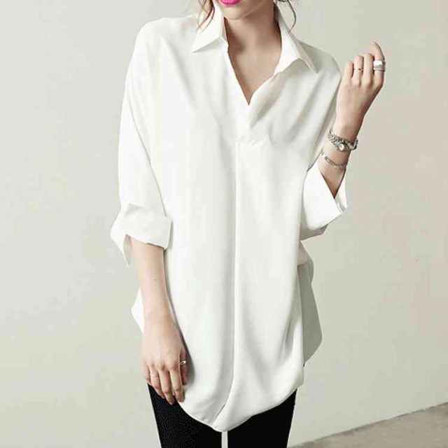 ロングブラウス レディース 七分袖 ウエストドレープタック vネック 襟