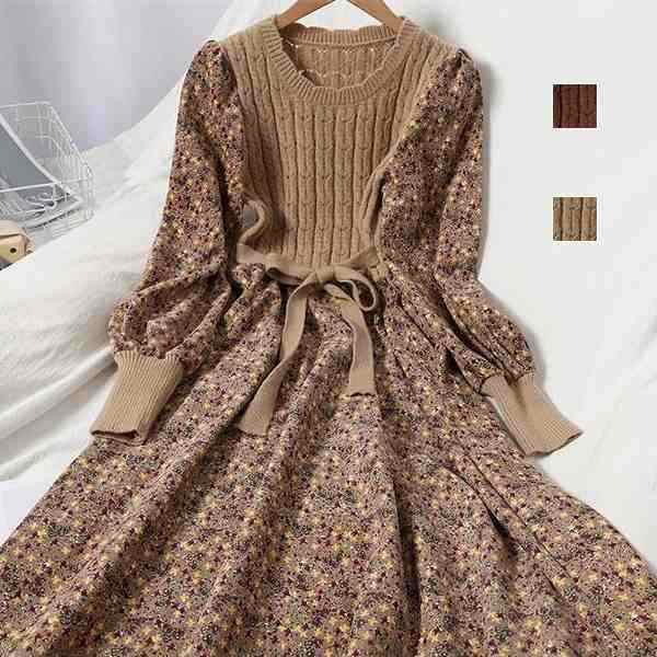ワンピース 花柄ワンピース ニットワンピース ウエストリボン ミモレ丈ワンピース Aラインワンピース 体型カバー