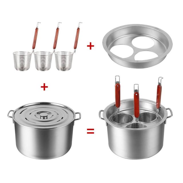 業務用店舗用 そばゆで釜 茹麺鍋セット リング付 ザル付 3*13cm ステンレス IH対応 ふきこぼれない 3穴