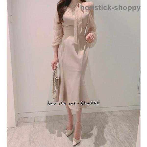 パーティードレス 結婚式 お呼ばれドレス マーメイドワンピース マーメイドドレス 株式会社S＆L シアー袖 ボウタイリボン パフスリーブ 袖あり 長袖 黒 膝下丈