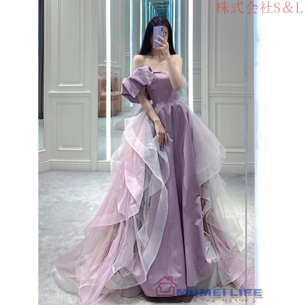カラードレス 多WAY 付け袖 オーバースカート ロングドレス 花嫁 二次会ブライダル アレンジ ウエディングドレス株式会社S＆L 結婚式 パープル イブニングドレス